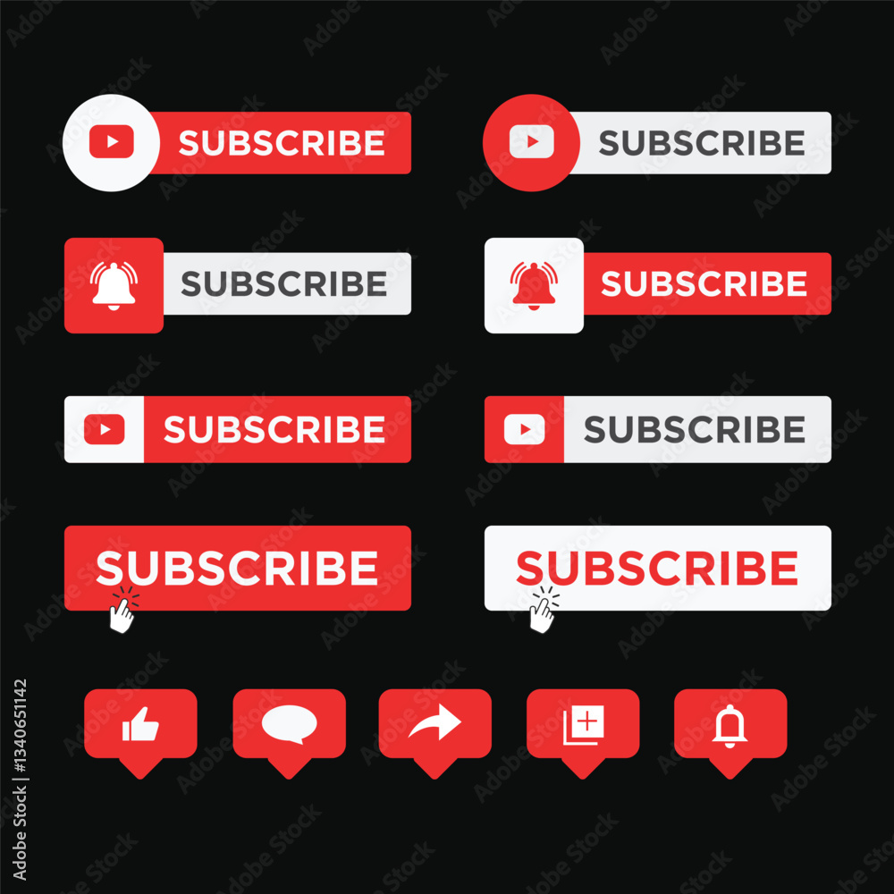 set of big mega collection youtube Subscribe button with hand click icon. Subscribe, bell button ...