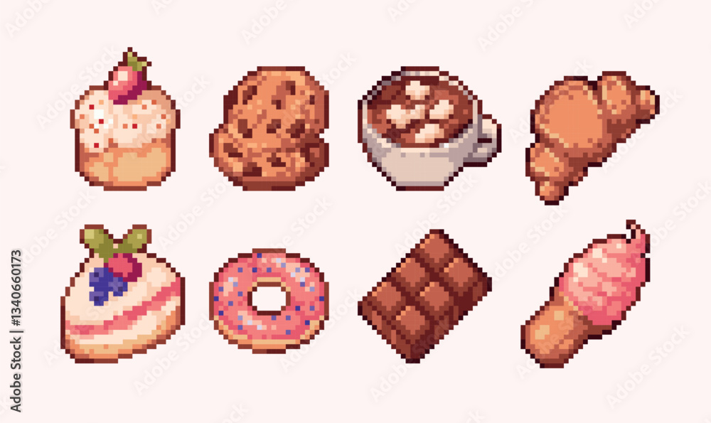 Desserts and sweets pixel art set. 8 bit. Game development, mobile app ...
