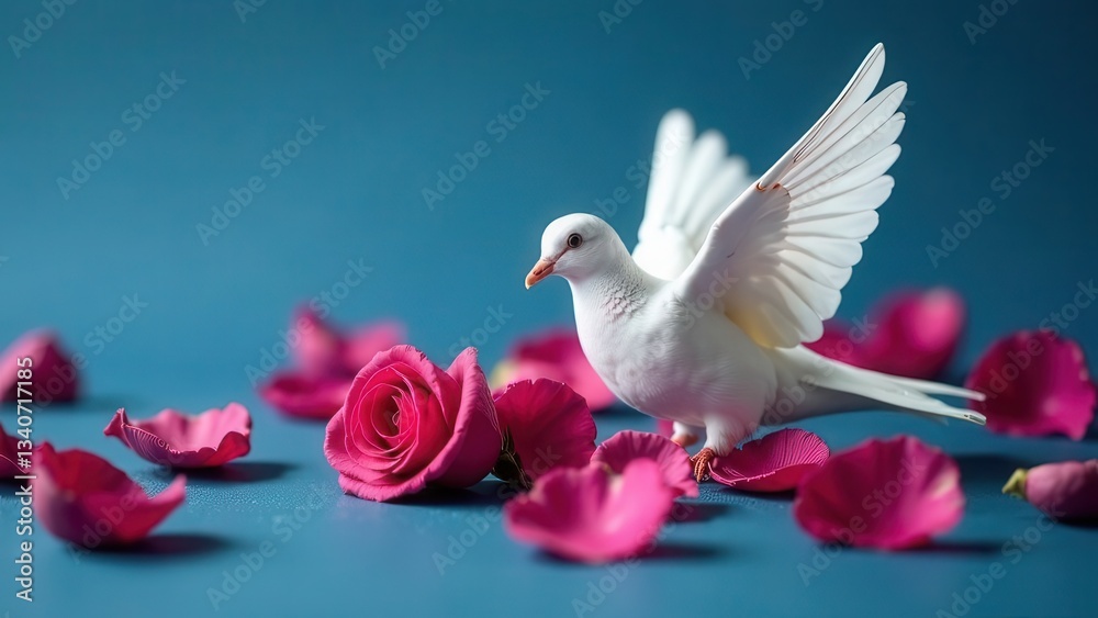 Dove as a symbol of peace and remembrance with pink rose petals on a ...