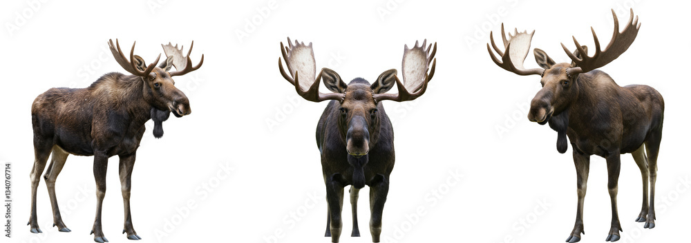 Three majestic moose standing tall with impressive antlers shown well ...