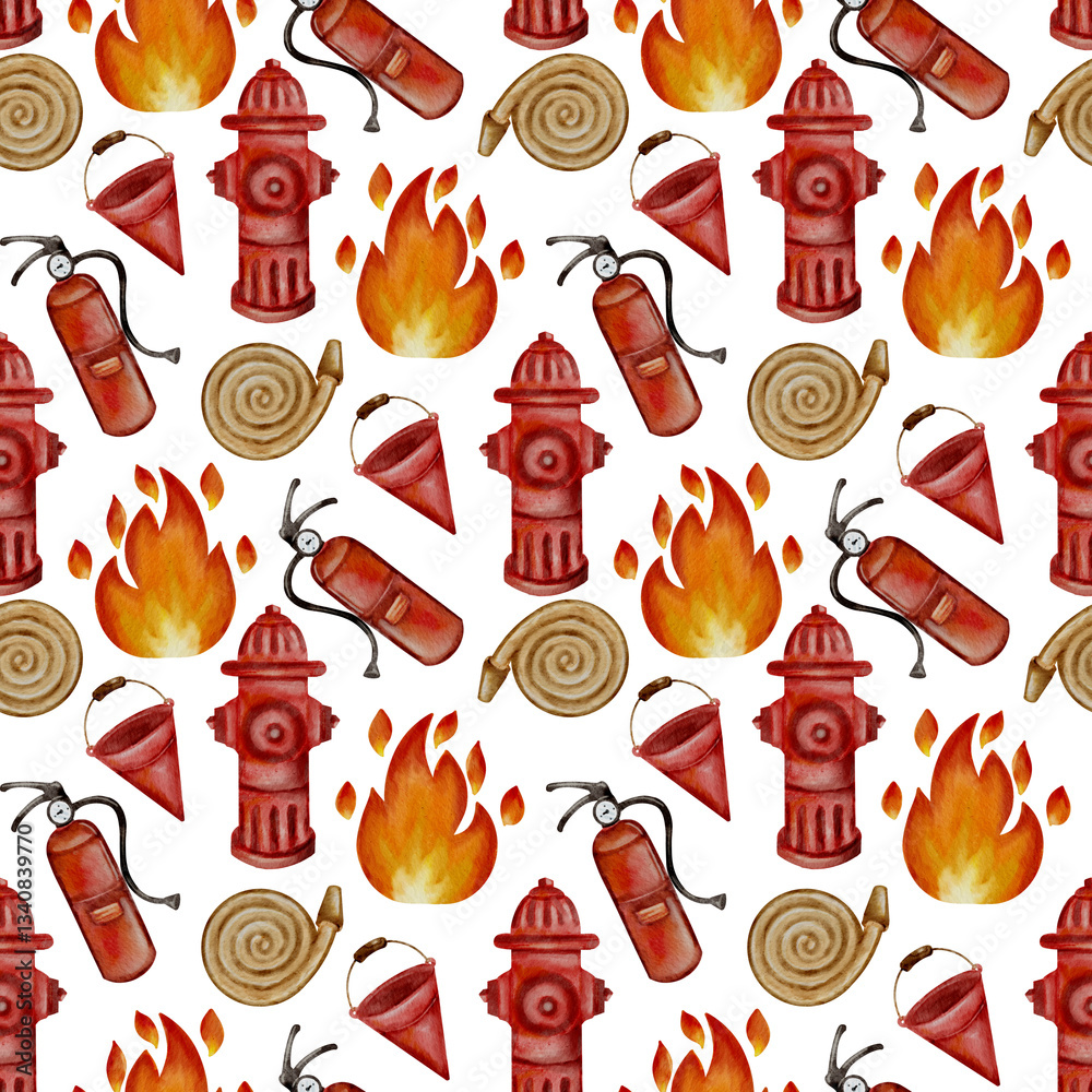 Seamless pattern, graphic watercolor firetruck car, rescue design for ...