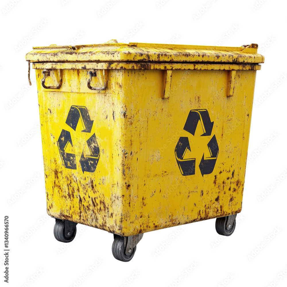 Yellow recycling bin with faded logos sitting on wheels isolated on ...
