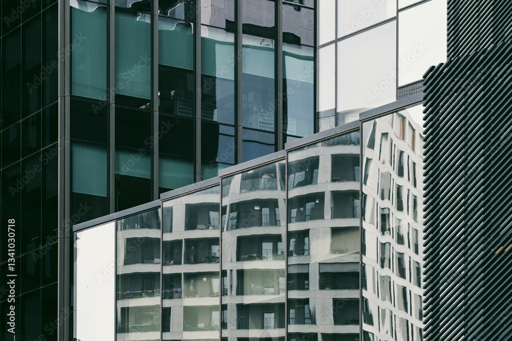 Contrast of modern glass towers and traditional architecture, capturing ...