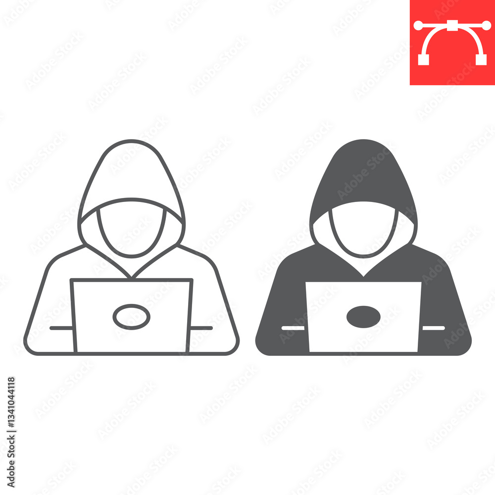 Hacker with laptop line and glyph icon, security and protection, hacker ...
