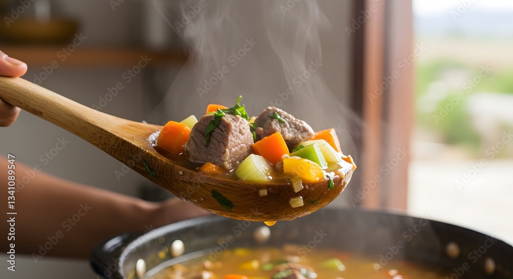 Handheld close up view of wooden ladle showing meat of steaming ...