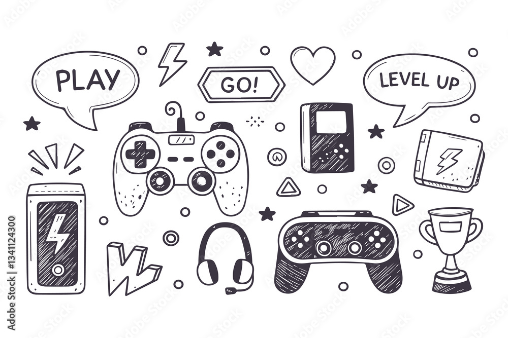 Retro Video Game Doodle Collection: Hand Drawn Console, Joystick ...