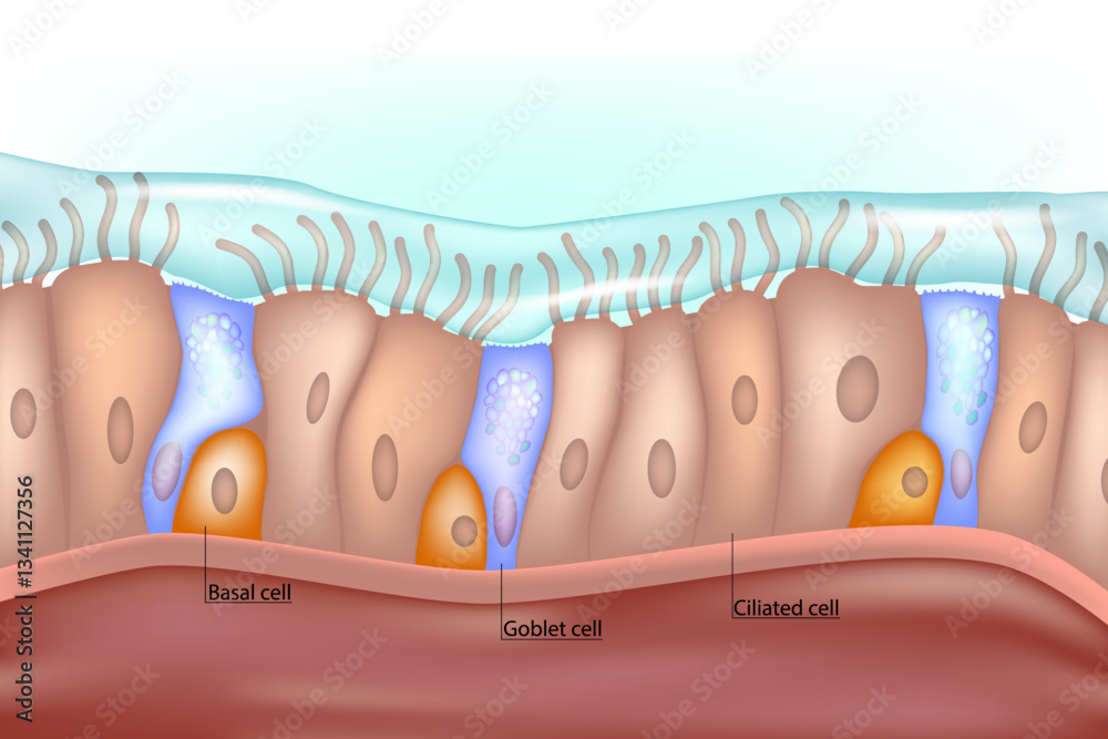 Respiratory Epithelium Cell Structure Illustration. Ciliated, Basal ...