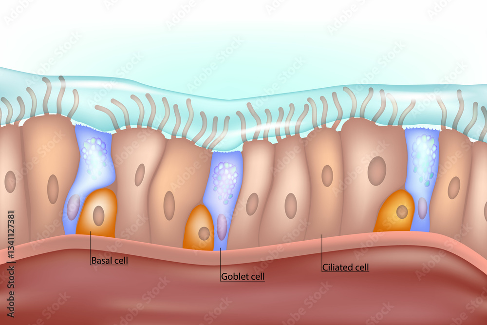 Respiratory Epithelium Cell Structure Illustration. Ciliated, Basal ...