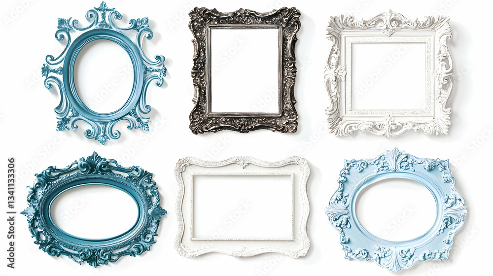 Set of ornate vintage oval and rectangular frames in various colors and ...