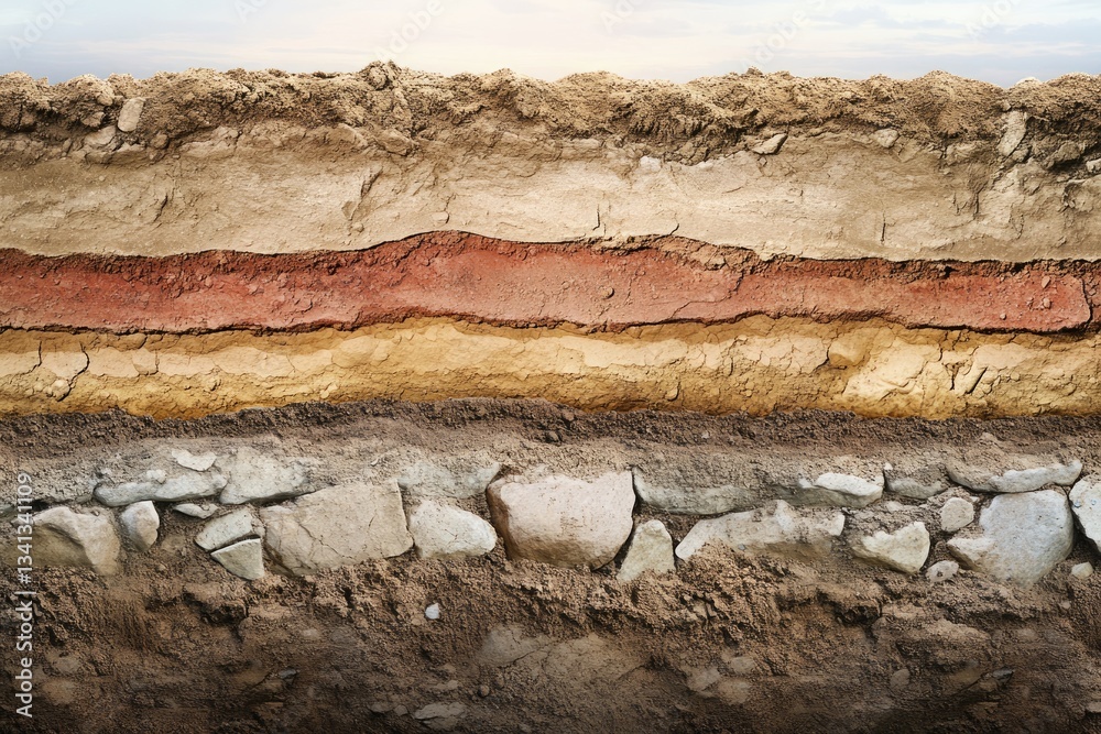 Cross-section of soil layers revealing different textures, colors, and ...