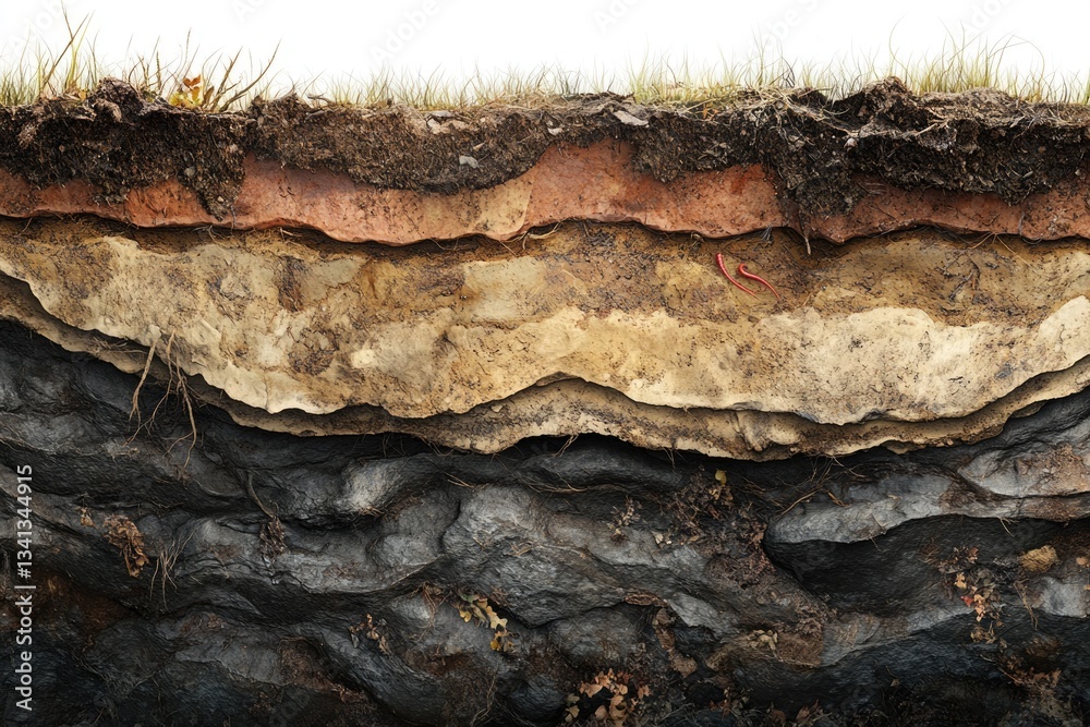 Cross-section of soil layers revealing topsoil, subsoil, and bedrock ...