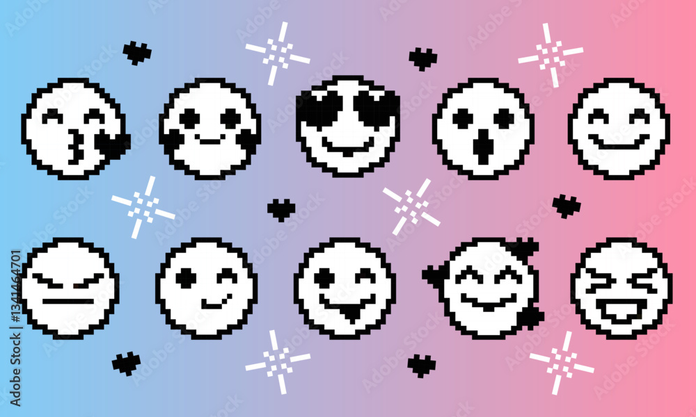 Set of Pixel Art Emoticon Stickers. 8-Bit Retro Emoji Faces with Laugh ...