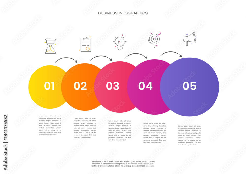 Business vector infographics with five circles and arrows. Timeline ...