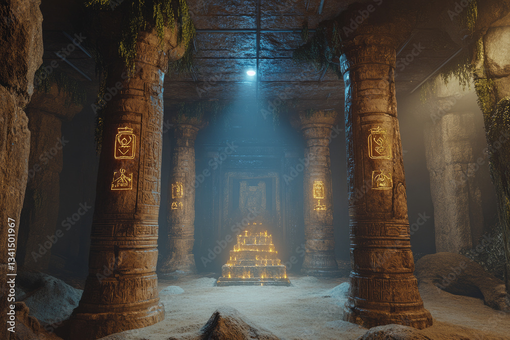 A massive underground ancient temple 3D background room hidden deep ...