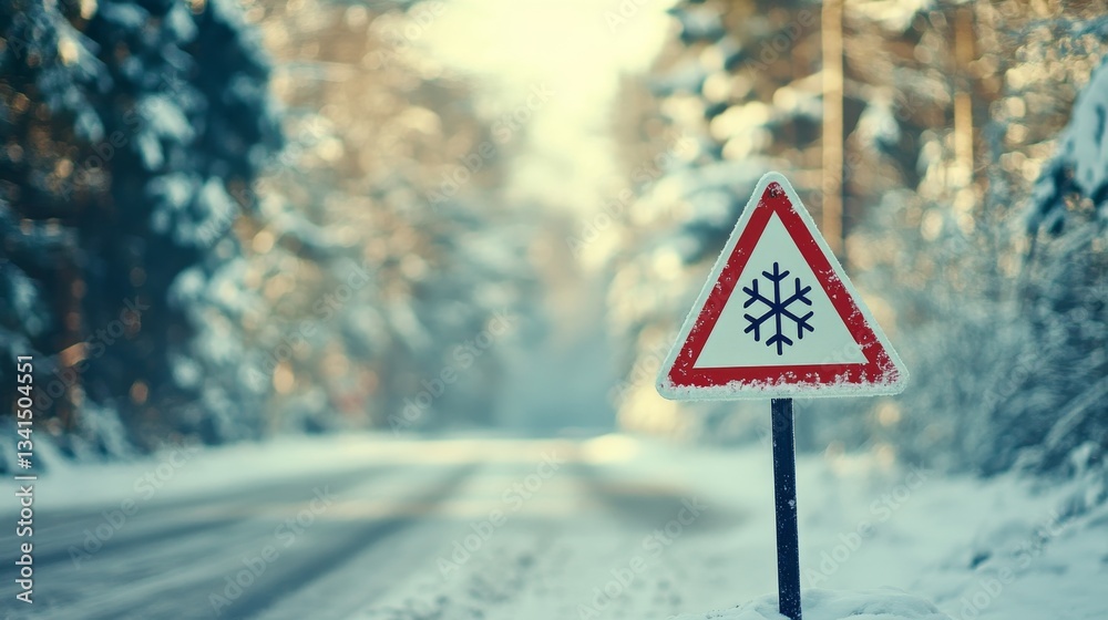 Triangular red-bordered warning sign with a snowflake symbol indicating ...