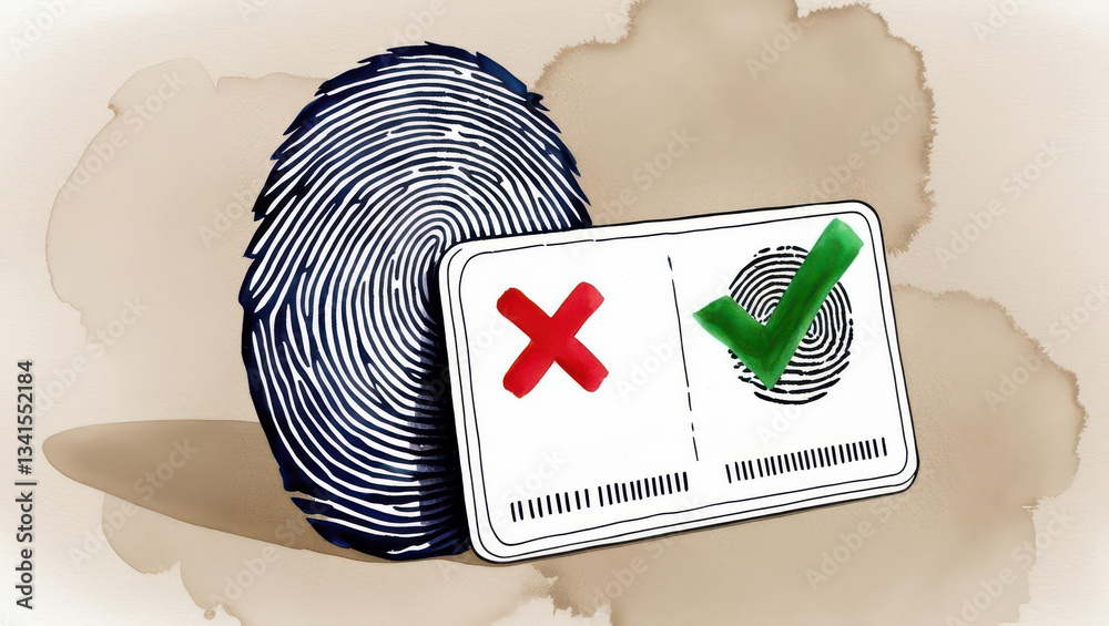An illustration featuring a fingerprint and a card with checkmark and ...