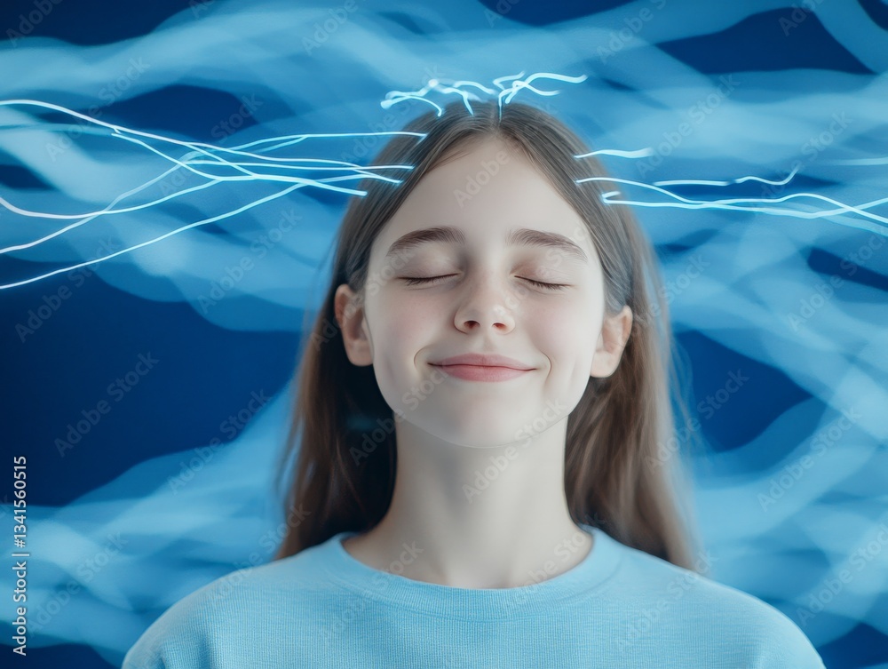 Woman with closed eyes surrounded by dynamic neural connections ...