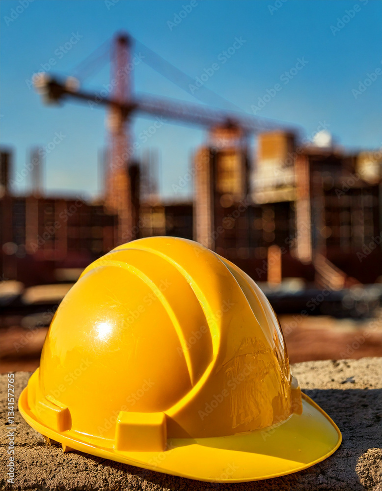 Yellow construction helmet on architectural blueprints, representing ...