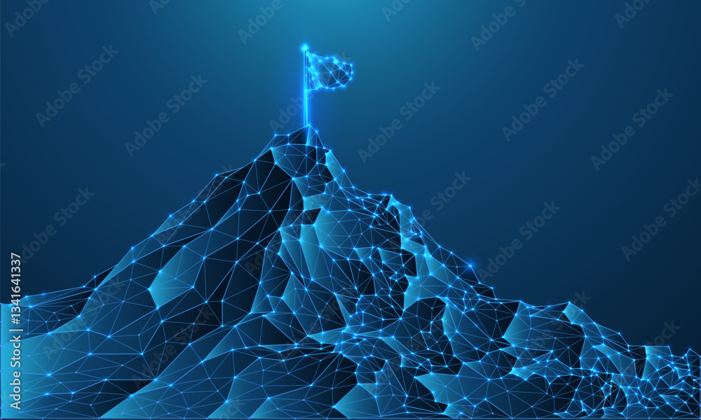 A polygonal mountain landscape with a luminous flag at its peak ...