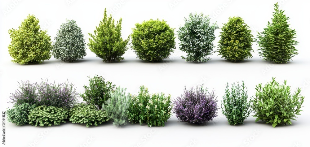 Variety of Green Bushes and Shrubs in Two Rows on White Background with ...