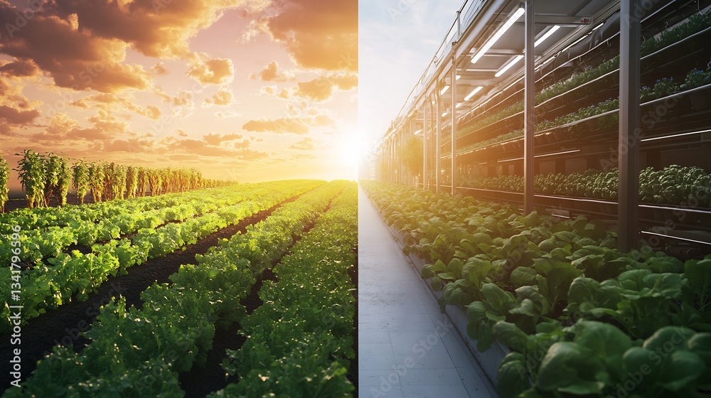Striking split screen image comparing traditional farming one side ...
