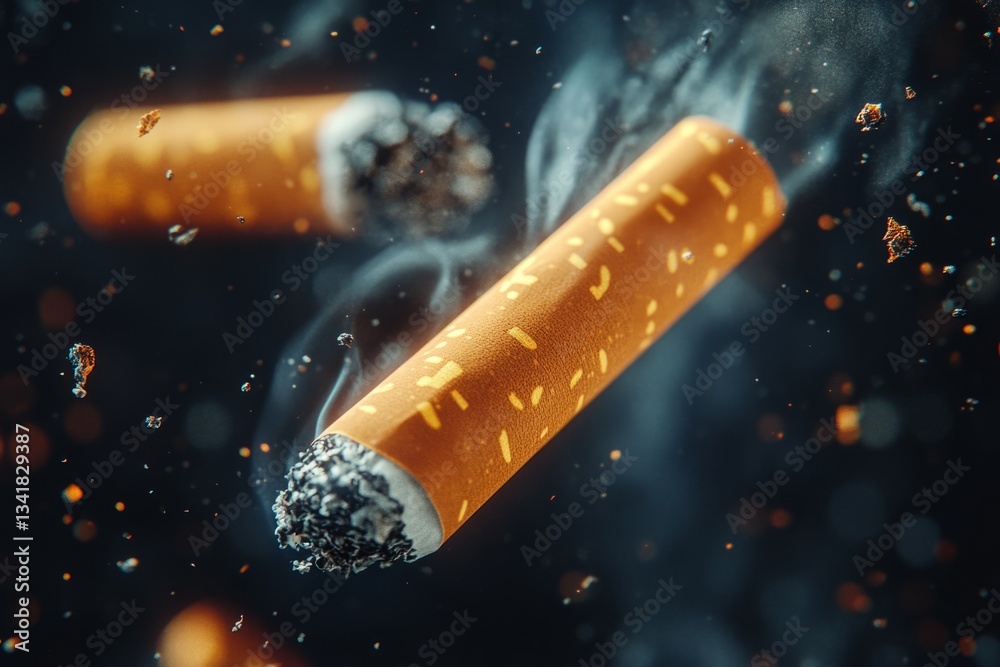Lit cigarettes emitting smoke and ash particles, highlighting the ...