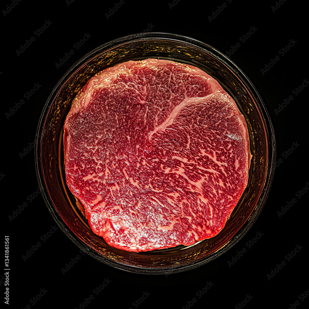 Wagyu cross section under ring light, with marbling enhanced by ...