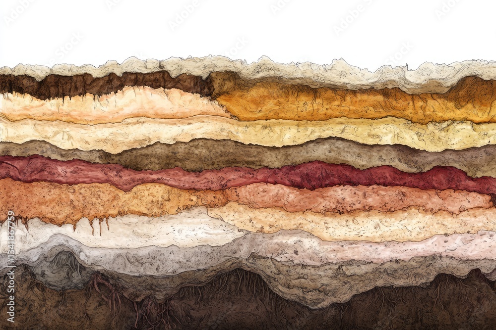 Layered earth cross-section showcasing diverse soil horizons, textures ...