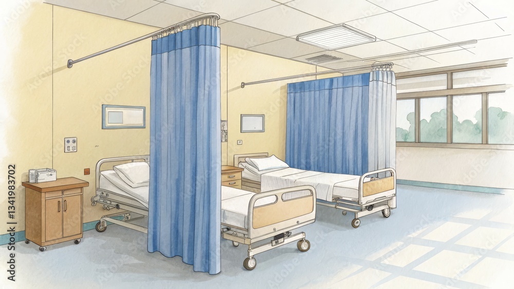 A clean, modern hospital room featuring two beds separated by curtains ...