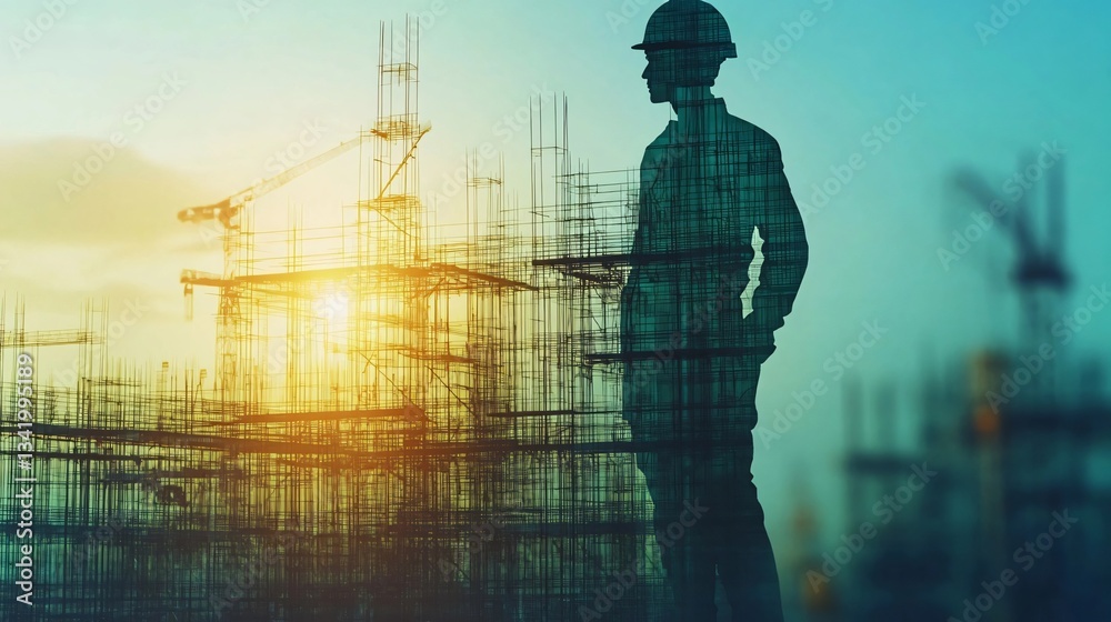 Man silhouette with construction site double exposure promoting ...