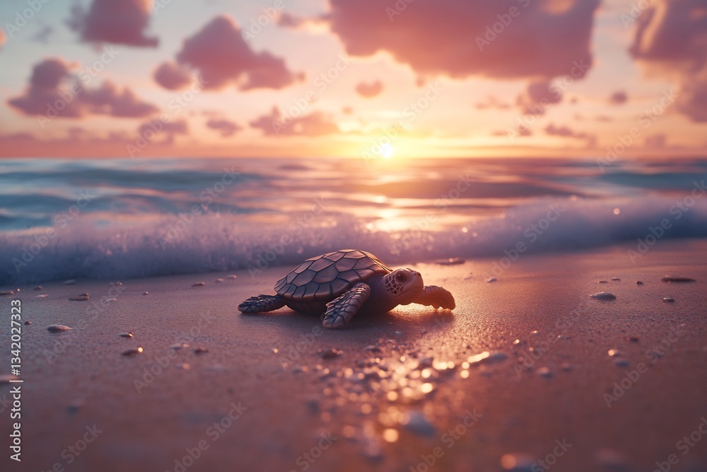 Baby turtle emerges egg crawling toward ocean under dramatic pink ...