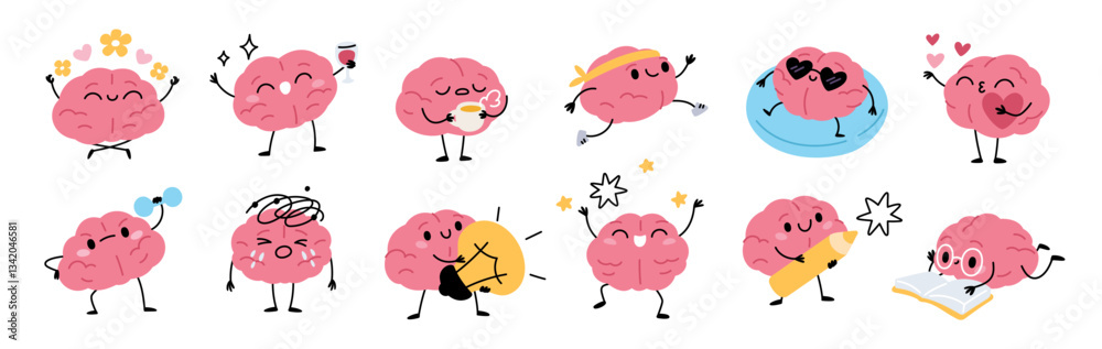 Cartoon brain character. Pink cute mind with feet, hands and smiling ...