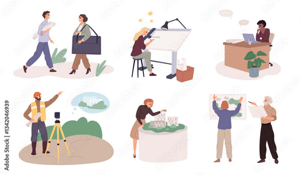 Architects professionals. People design buildings and houses, drawings ...