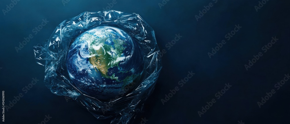 Earth globe suffocating in plastic bag on dark blue background Concept ...