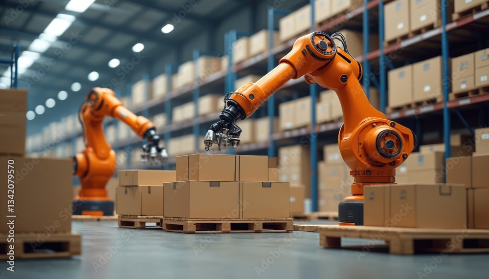 AI powered robotic arms stack boxes onto pallets in smart warehouse ...