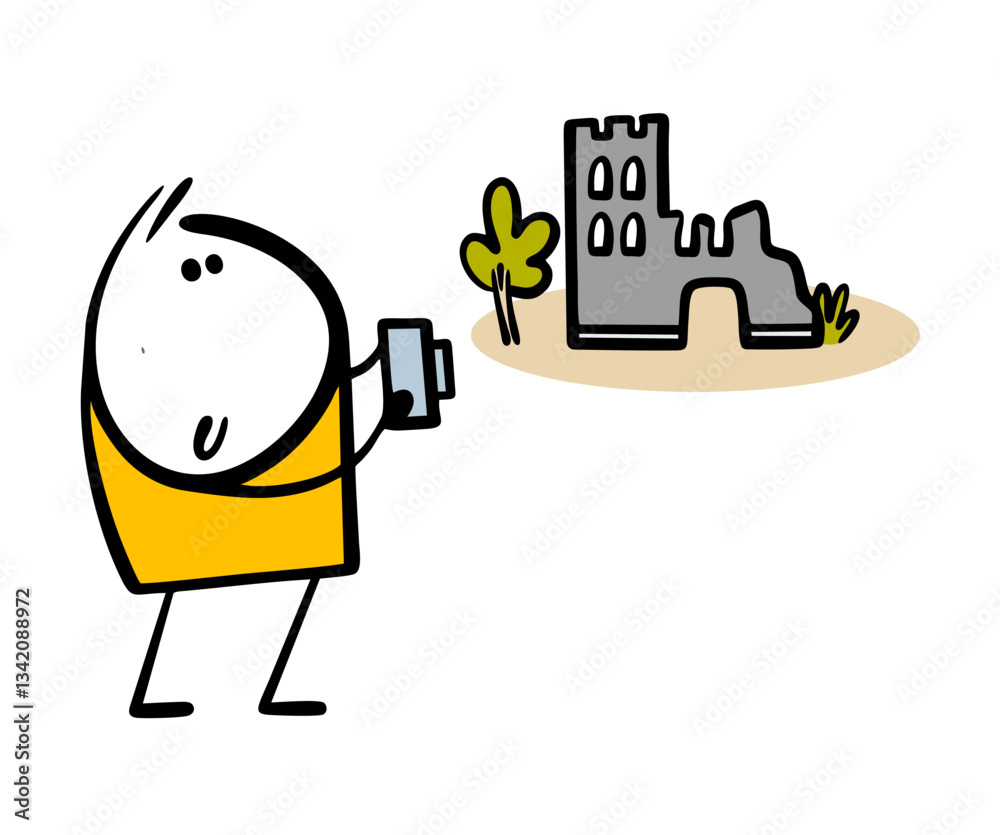Stickman photographs the ancient ruins of a castle. Vector illustration ...