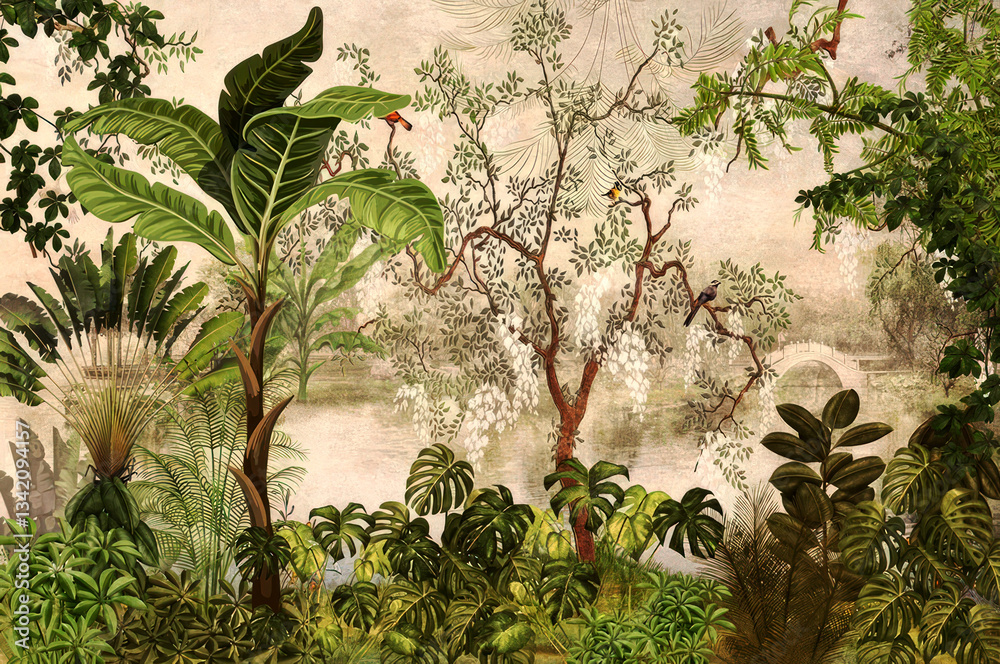 Tropical botanical garden wallpaper mural with birds and bridge nature ...
