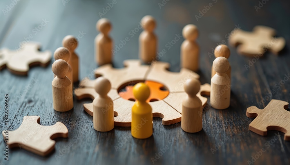 Team collaboration, puzzle solving. Wooden figures surround gear puzzle ...
