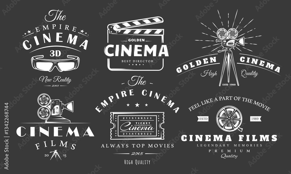 Cinema logo vintage set isolated on black background. Design element ...