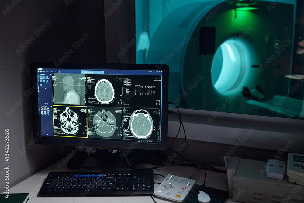 Medical room showing brain MRI scans on computer screen alongside MRI ...