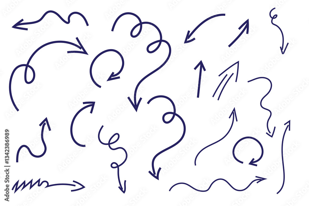Hand-drawn navy blue arrows collection. Diverse directional elements ...