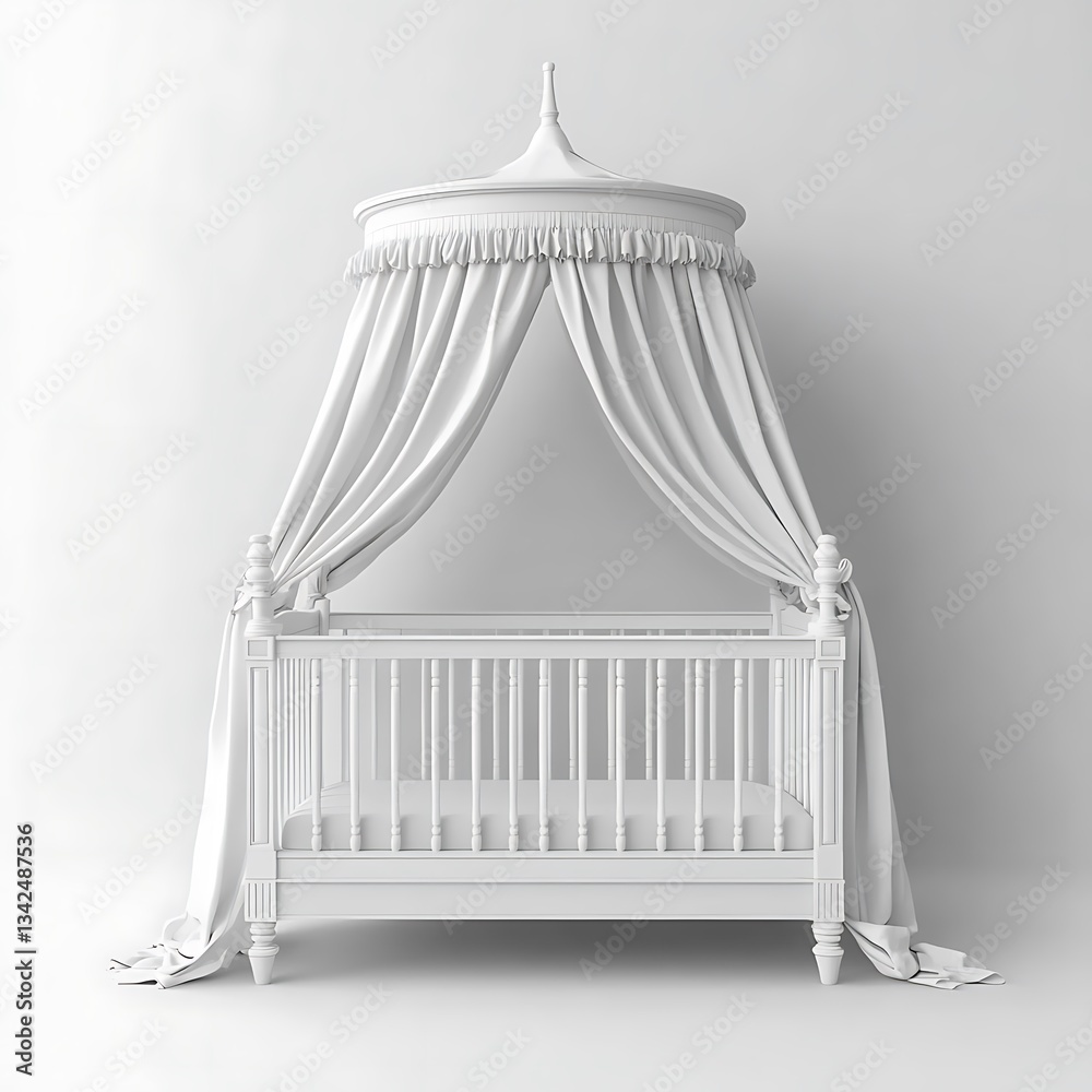 3D white baby crib with a canopy on a pure background, in a clip art ...
