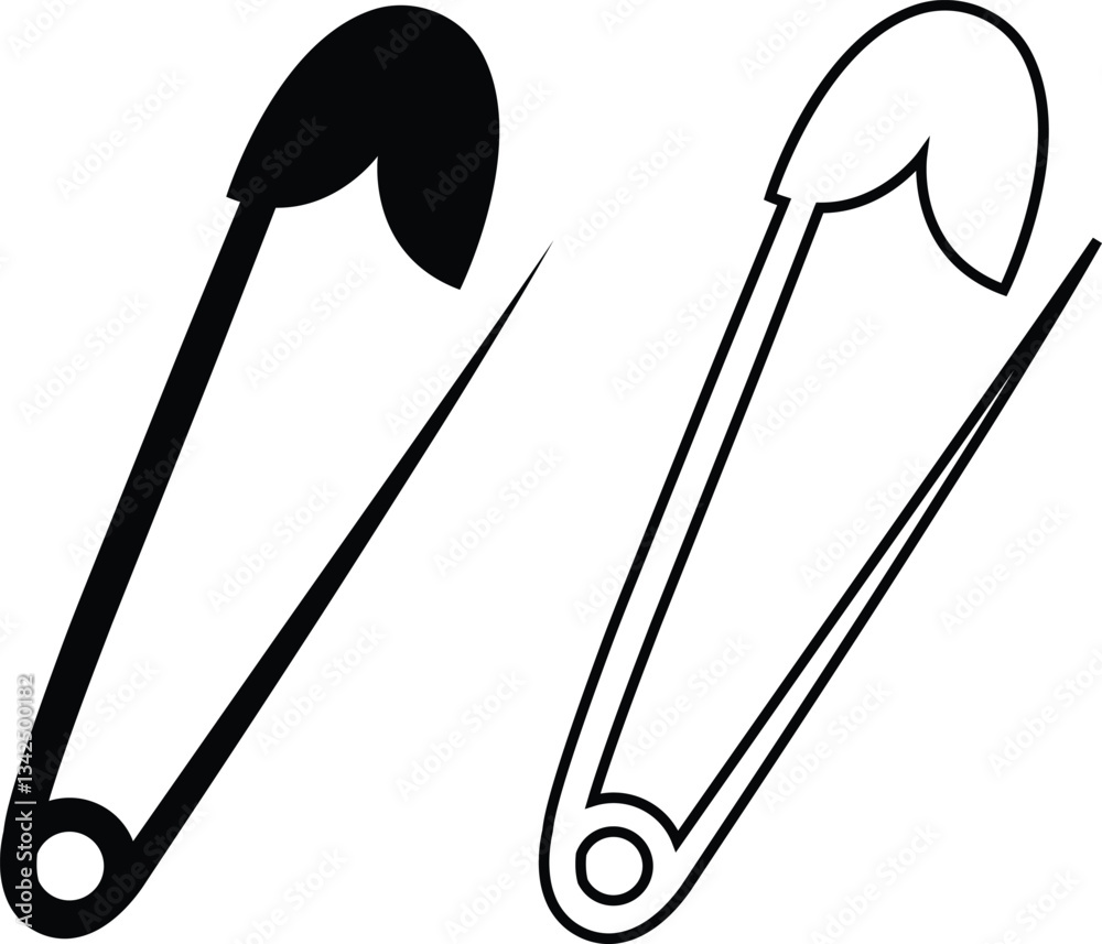 Continuous flat and line safety pin icon set. Single line art safety doodle outline open safety ...