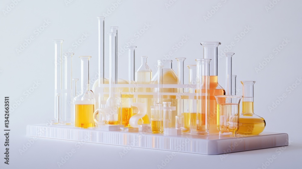 laboratory glassware arrangement with volumetric flasks, glass pipettes ...