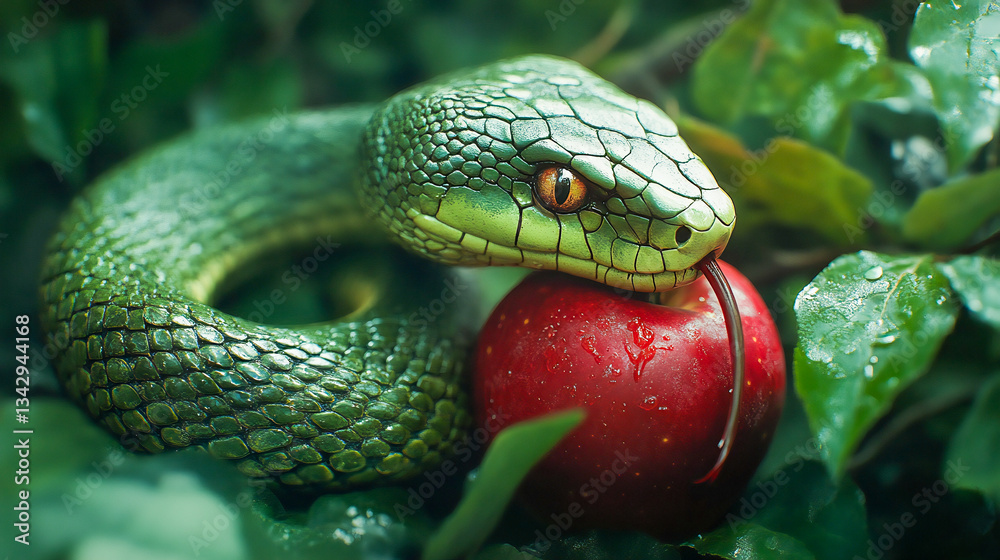 Stock-Illustration „Forbidden fruit, red apple with snake coiled around ...