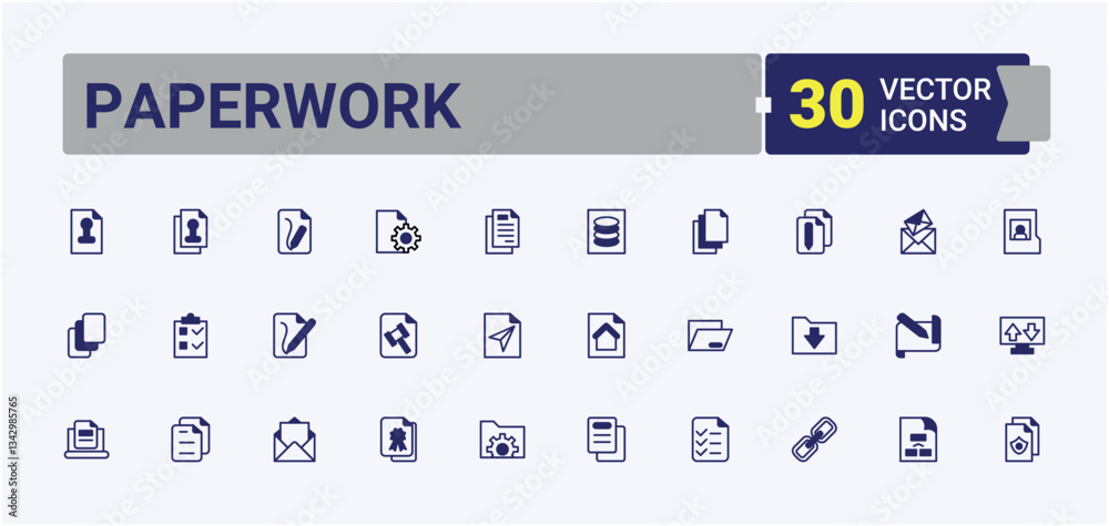 Paperwork icon set. Contains outline symbols like pad, note, copy, page ...