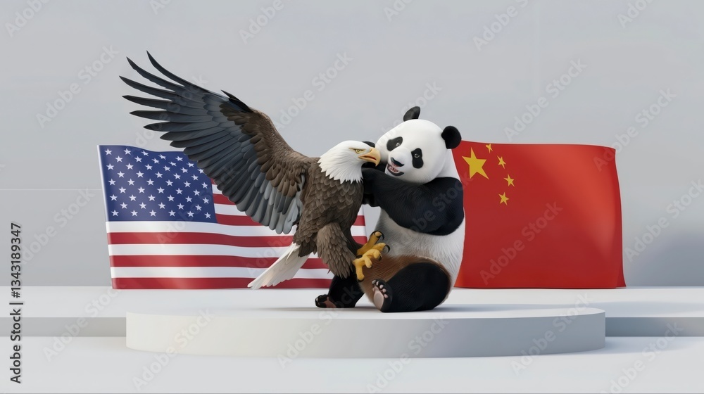 Confrontational Eagle & Panda Facing Off, American & Chinese Flags ...