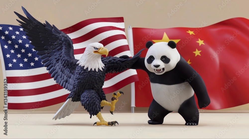 Confrontational Eagle & Panda Facing Off, American & Chinese Flags ...