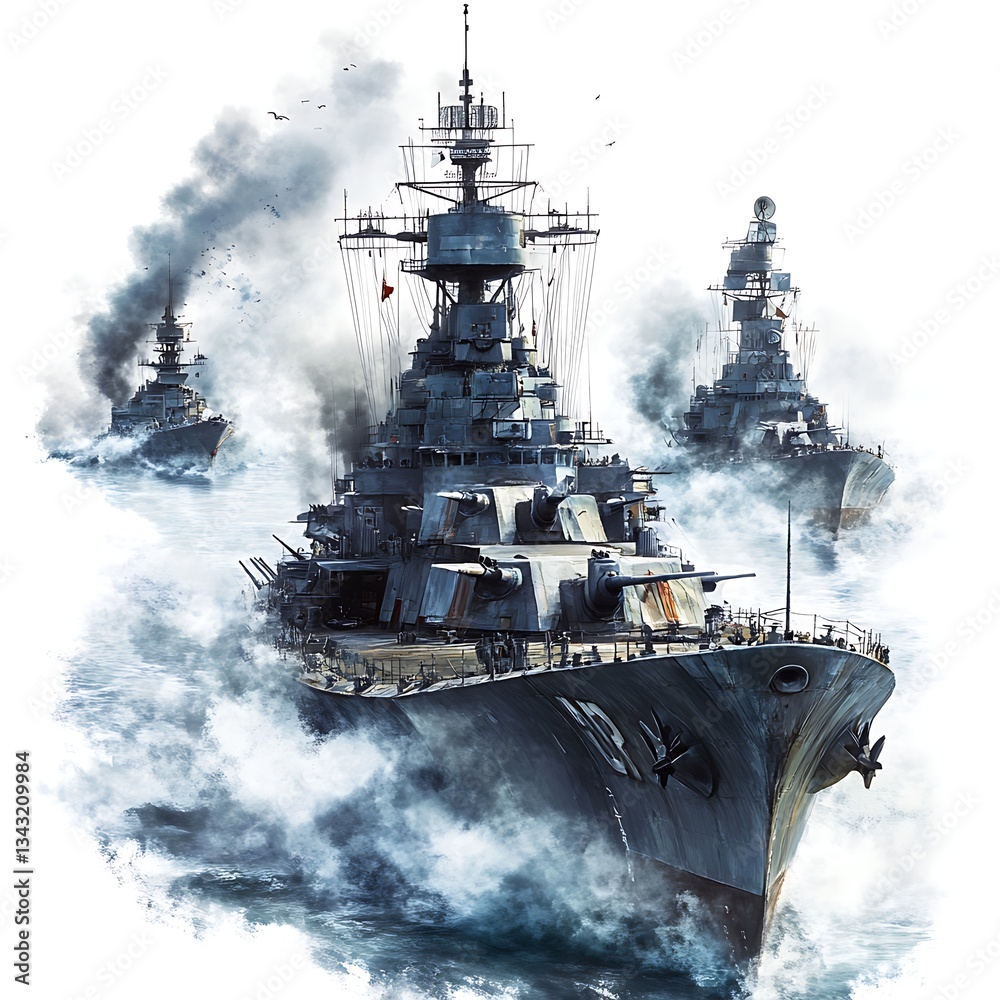 Naval Fleet: Powerful warships steam through the turbulent sea ...