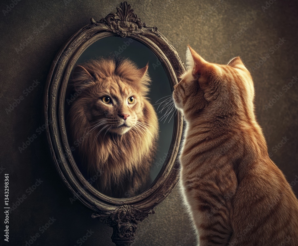self esteem and personal growth of A small cat peers into a mirror, its ...